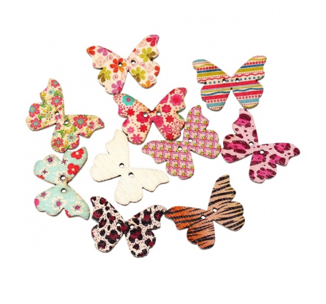 Butterfly Shaped Wood Sewing Buttons With a Variety of Designs, Two ...
