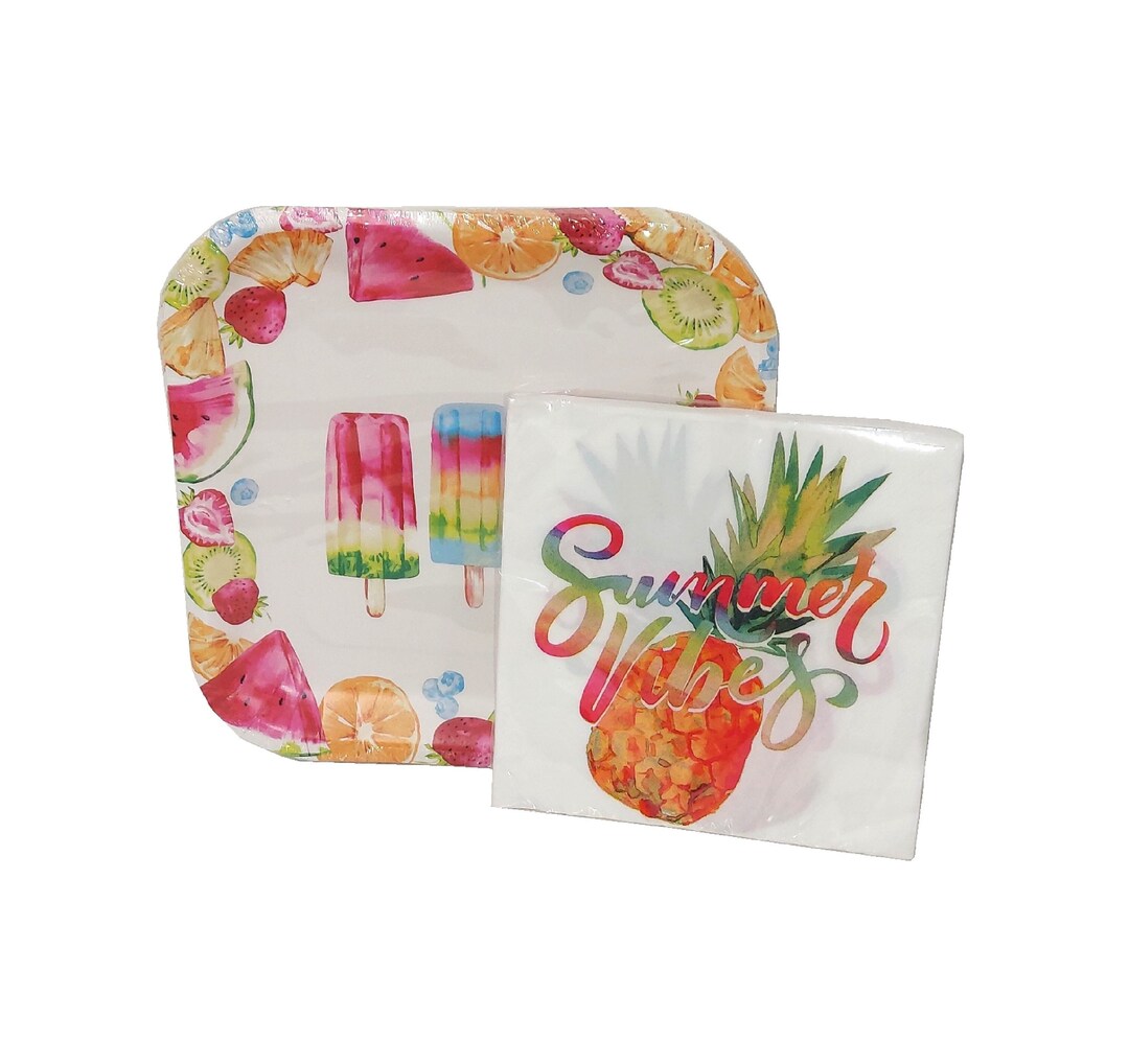 Summer Party Plate and Napkin Set With Pineapples, Fruit, and Popsicles ...