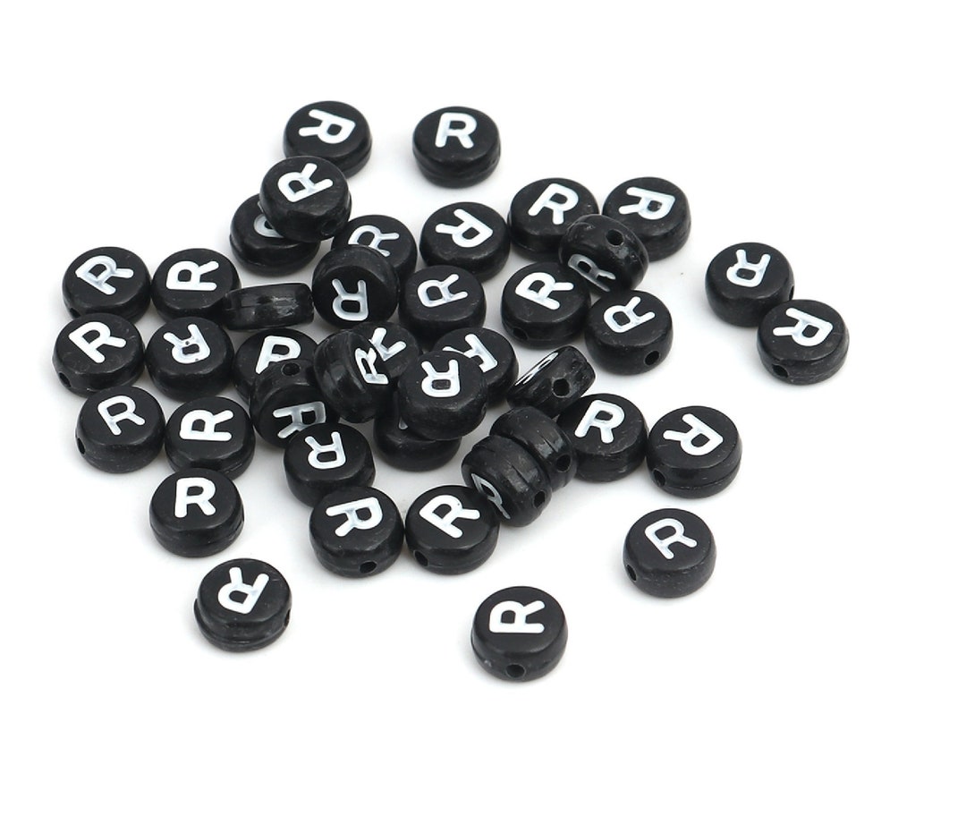 R Letter Beads in Black With White Lettering, Set of 25, 7mm, Letter ...