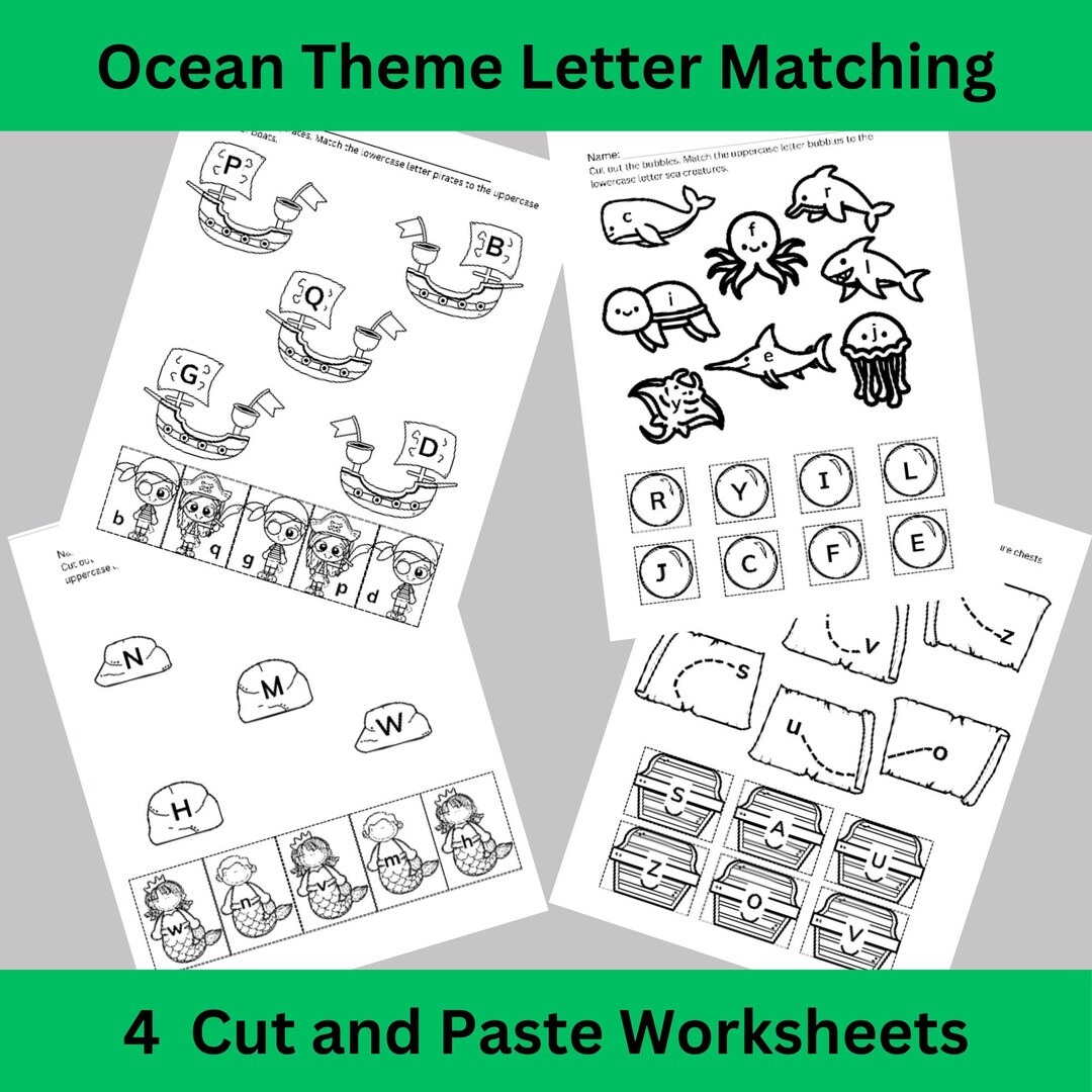 Ocean Uppercase and Lowercase Letter Match, Set of 4 Worksheets, Cut ...