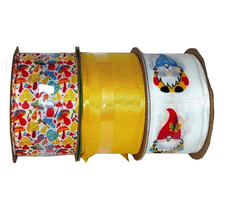 Garden Ribbon Set With Gnomes Mushrooms and a Solid Yellow - Etsy