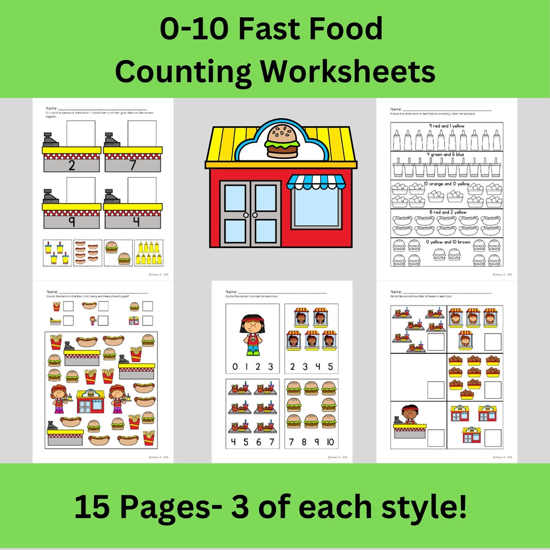 Counting 0-10 With Fast Food, Set of 15 Worksheets, Digital Download ...