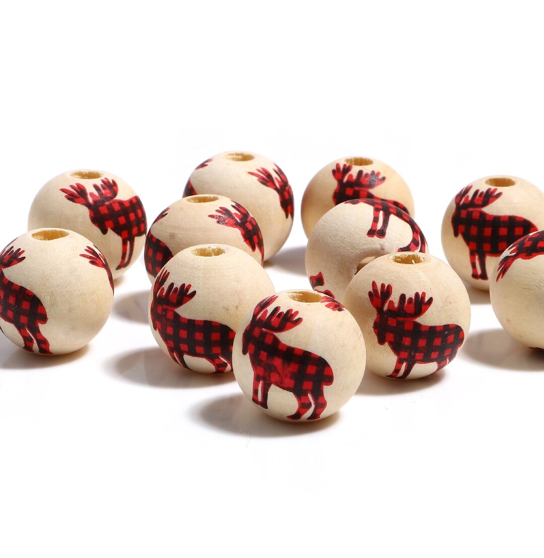 Buffalo Check Moose Wooden Beads With Red and Black Plaid, 16mm, Set of ...
