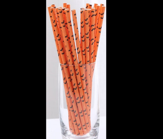 Bats on Orange Paper Straws Set of 25 Party Straws Easy Way | Etsy