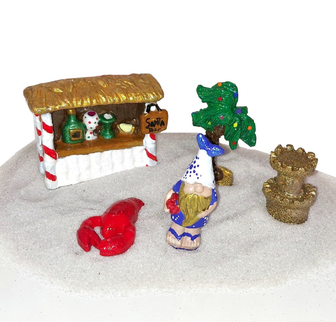 Tropical Christmas Beach Figurine Set, Hand Painted, Gnome, Palm Tree ...