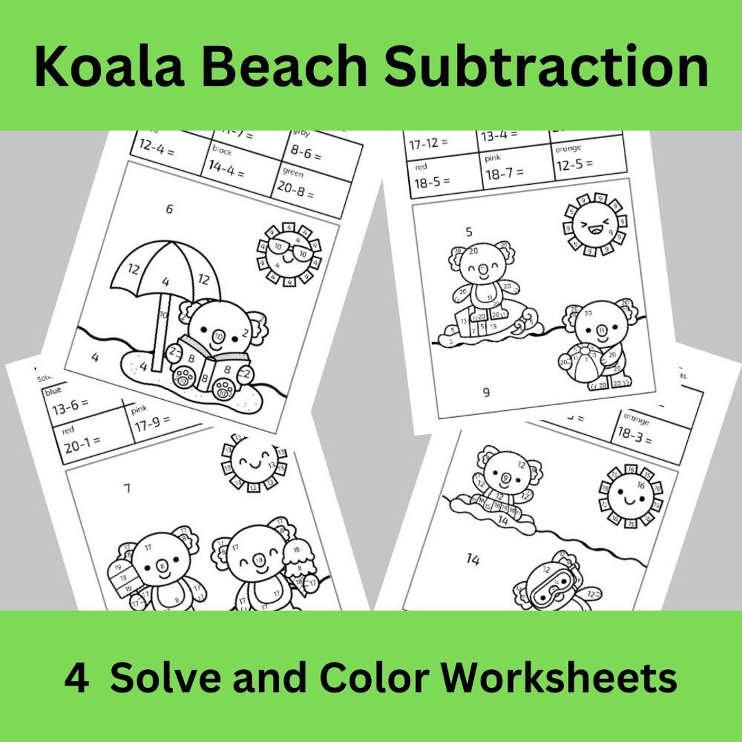 Summer Math Subtraction Worksheet, Koalas at the Beach, 4 Printable ...