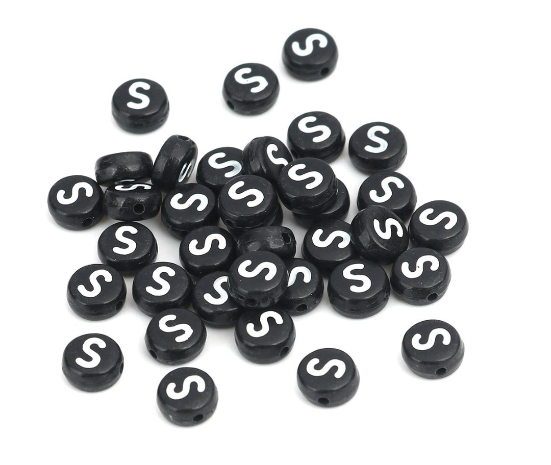 S Letter Beads in Black With White Lettering, Set of 50, 7mm, Alphabet ...