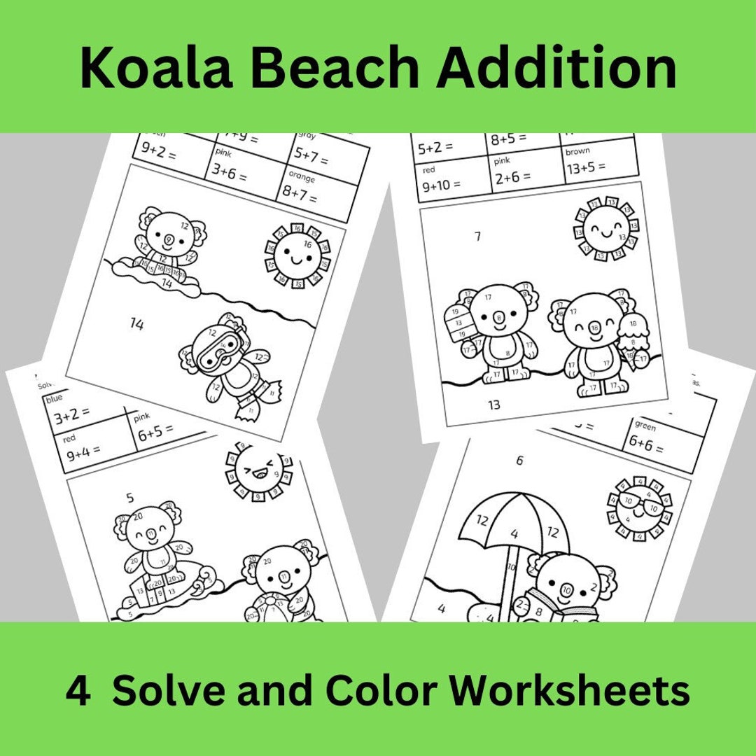 Summer Math Addition Worksheet, Koalas at the Beach, 4 Printable ...