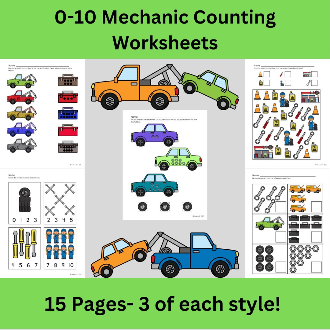 Counting 0-10 With Mechanics and Cars, Set of 15 Worksheets, Digital ...