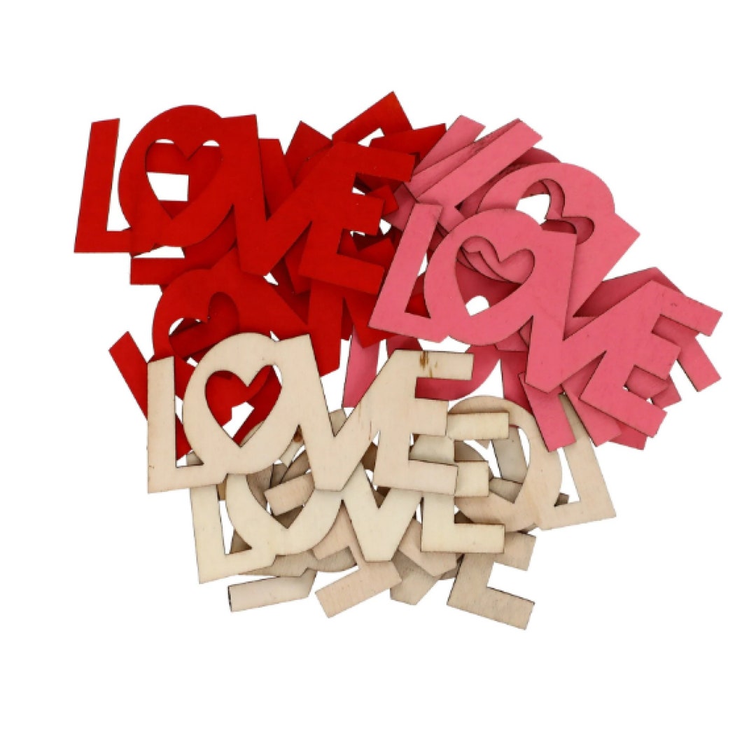 Wooden Love Cutouts in Pink, Red and Natural, Set of 15, 3 X 1.5 Inches ...