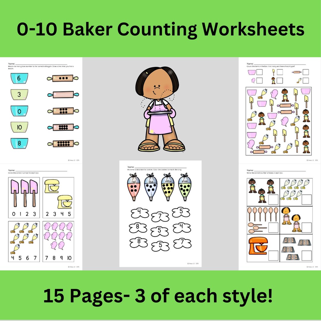 Counting 0-10 With Bakers and Baking Supplies, Set of 15 Worksheets ...