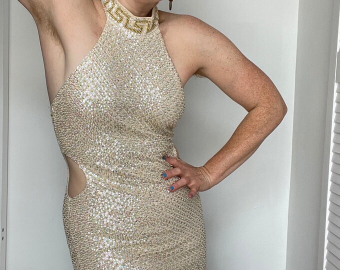 1960s Dress,sequin Dress, Cutout, High Neck, UK 12, Cream,gold, Sequins ...