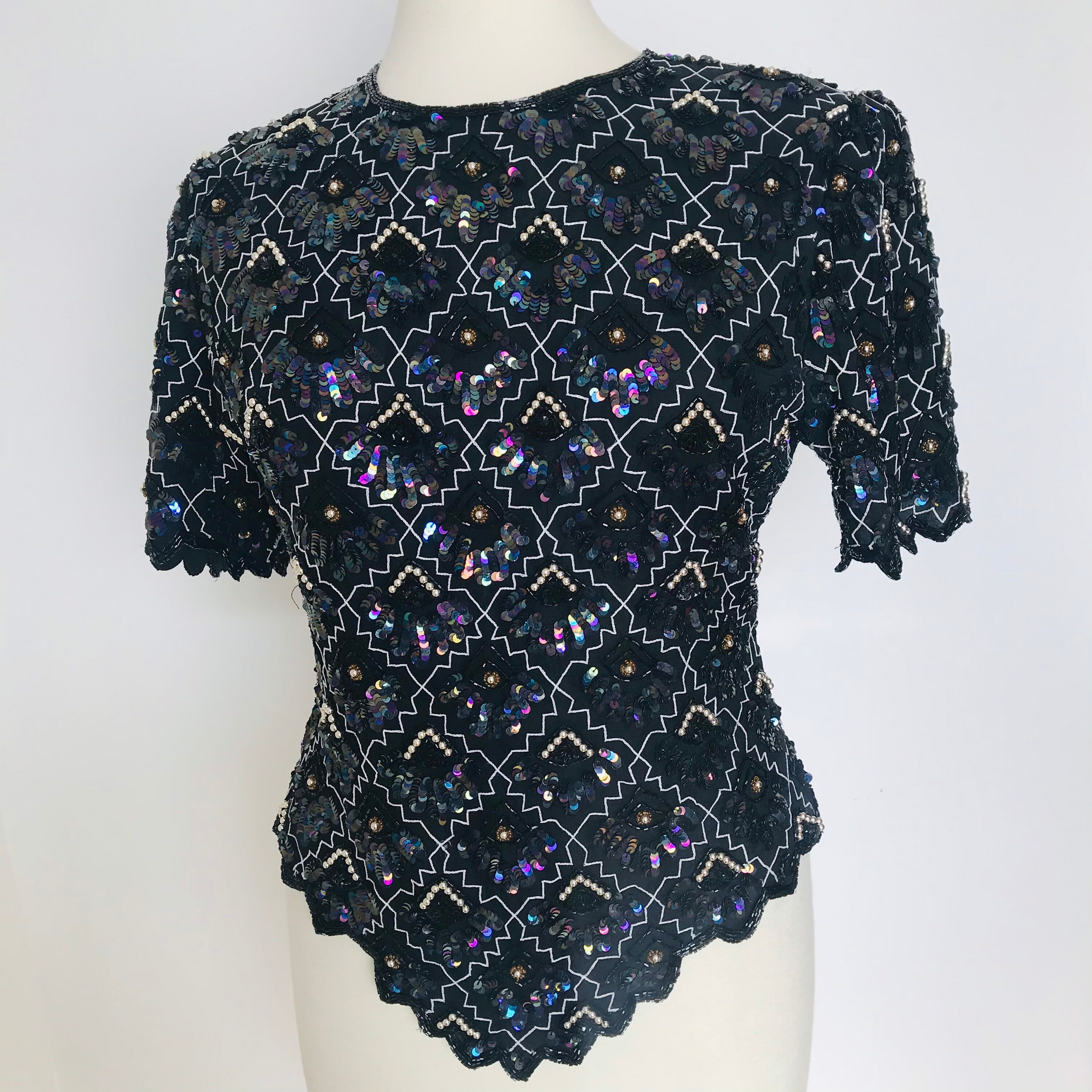 Vintage Sequins Zig Zag Sequins Iridescent Trophy Silk Blouse