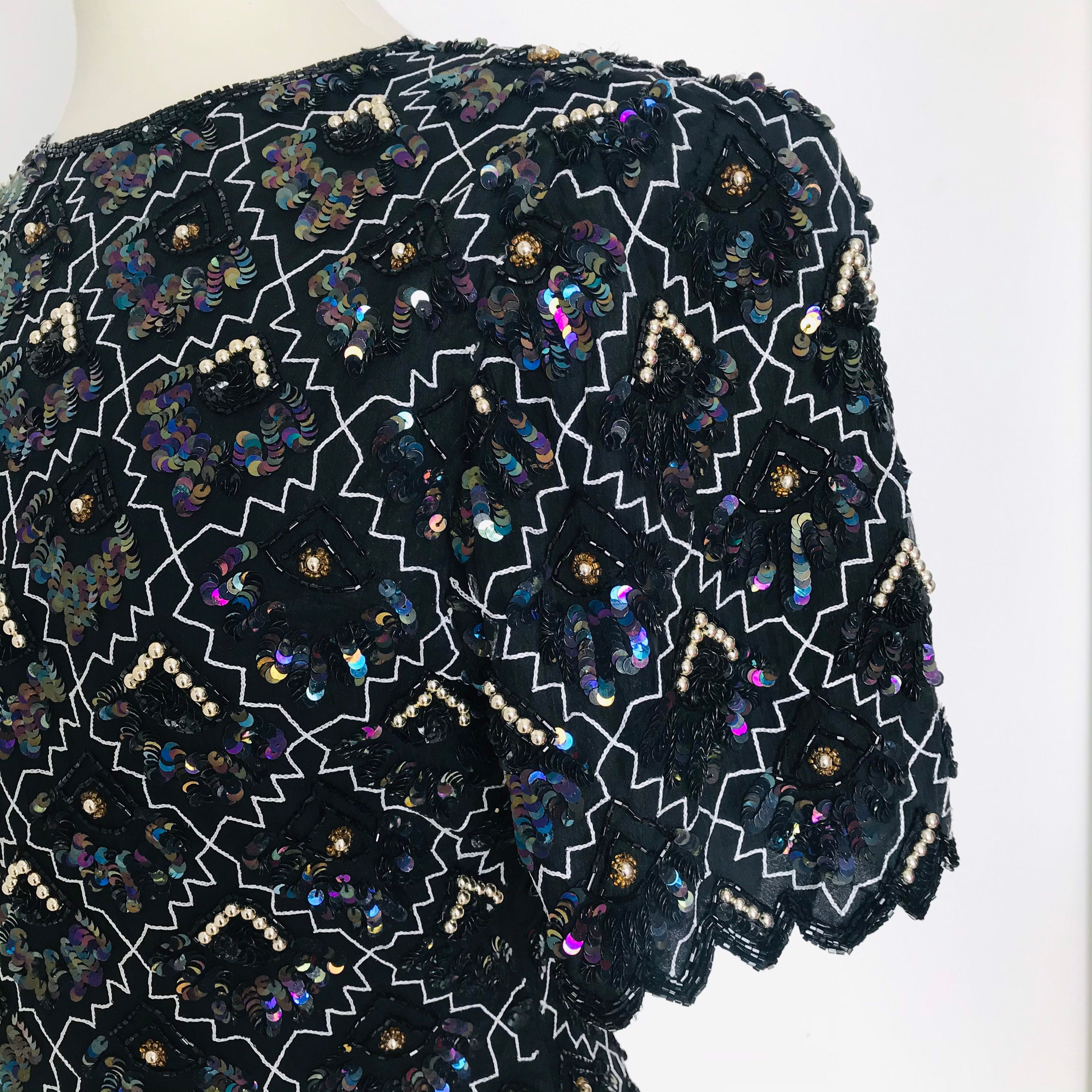 Vintage Sequins Zig Zag Sequins Iridescent Trophy Silk Blouse