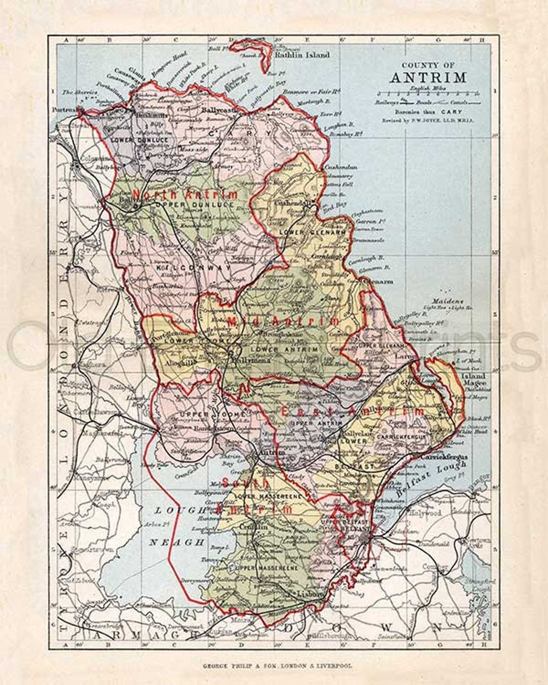 Antrim 1889 Antique Irish Map of County Antrim Printed on - Etsy