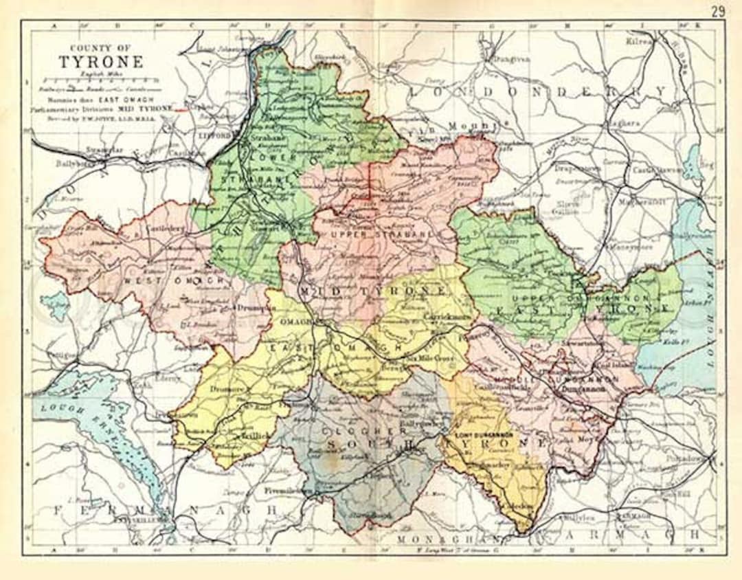 County Tyrone 1897 Antique Irish Map of Tyrone Canvas Print 2 Sizes ...