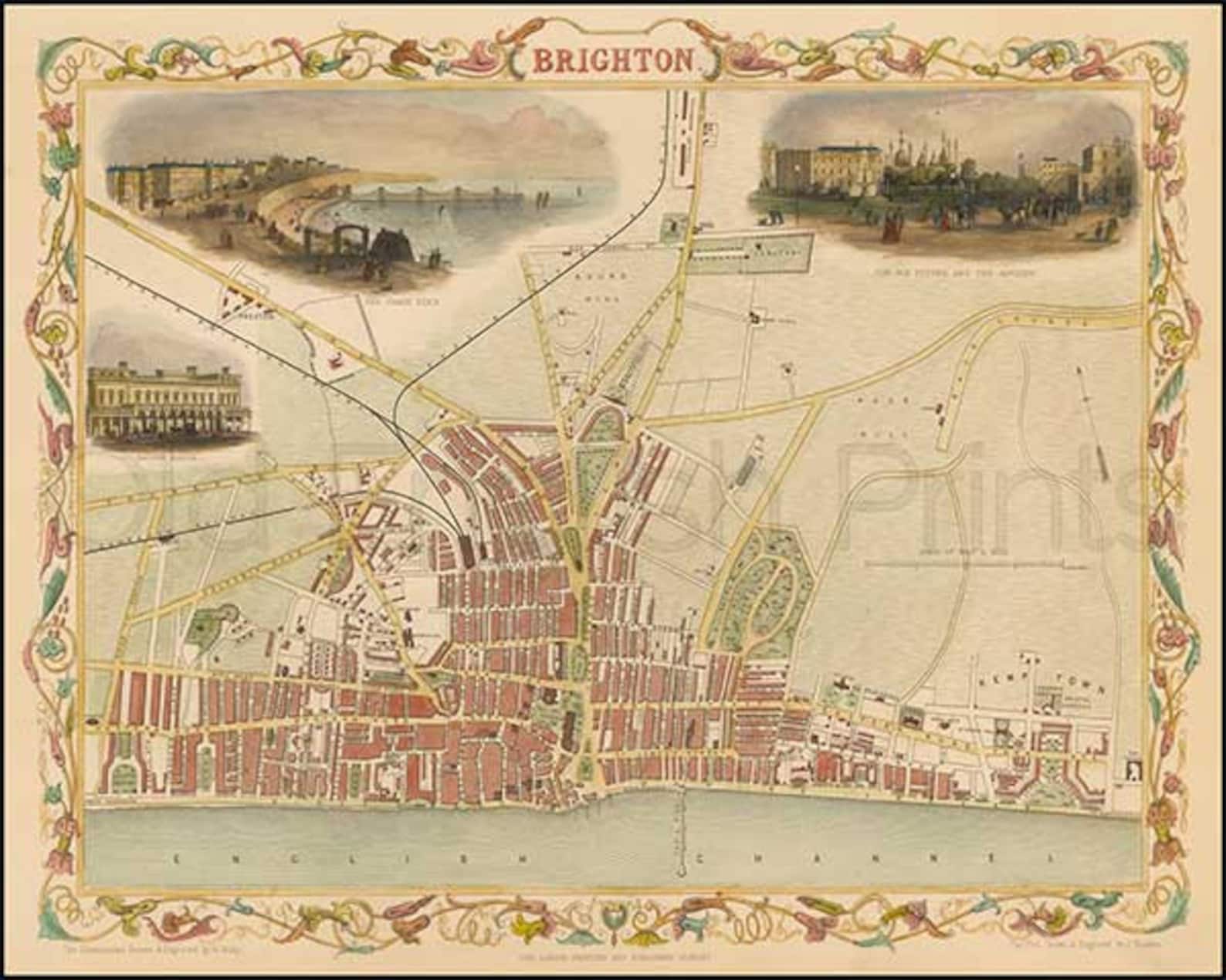 Brighton 1851 Antique English Map of Brighton, Sussex Canvas Paper A3 ...