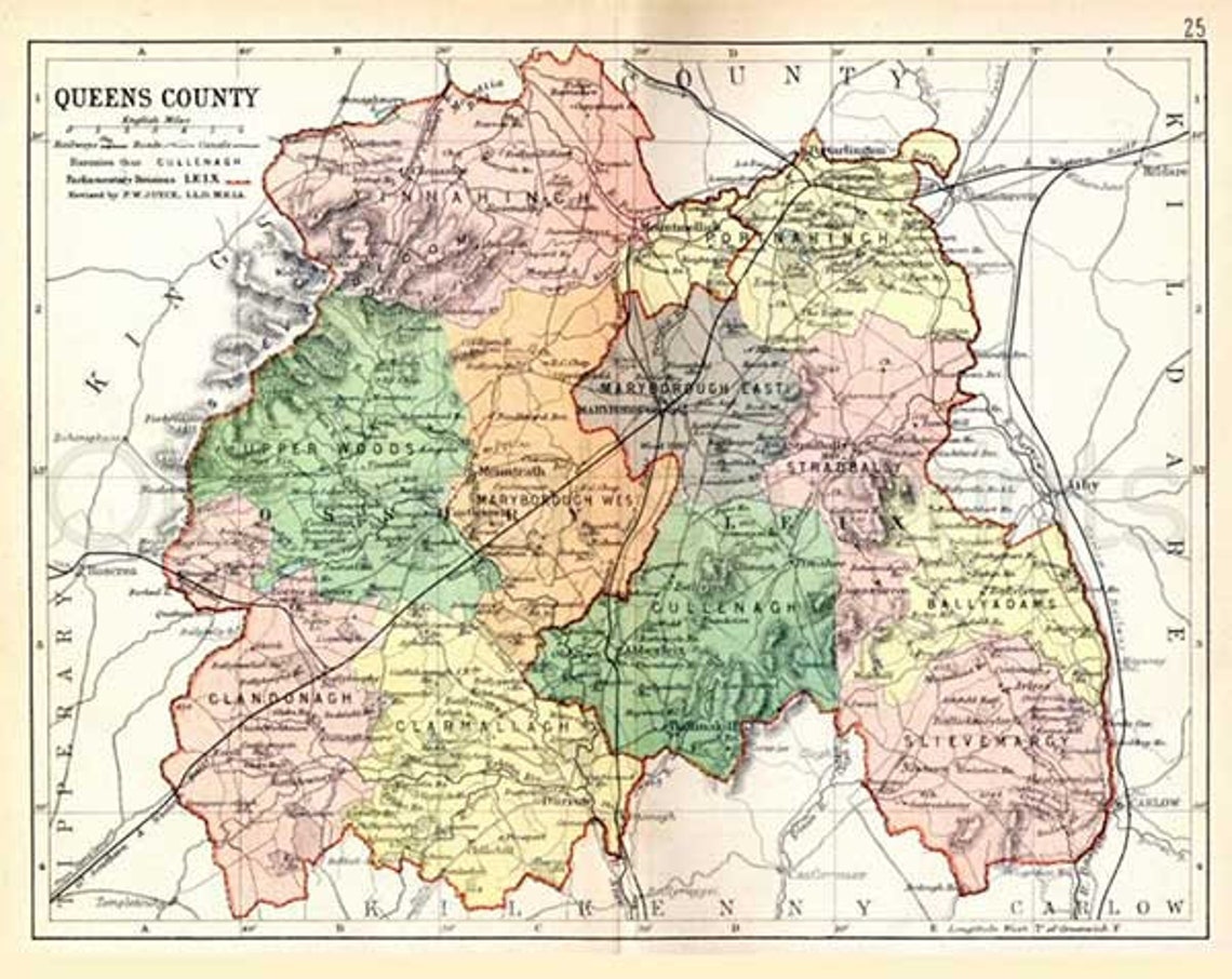 Queens County 1889 Old Irish Map Queens County Laois Printed on Canvas ...