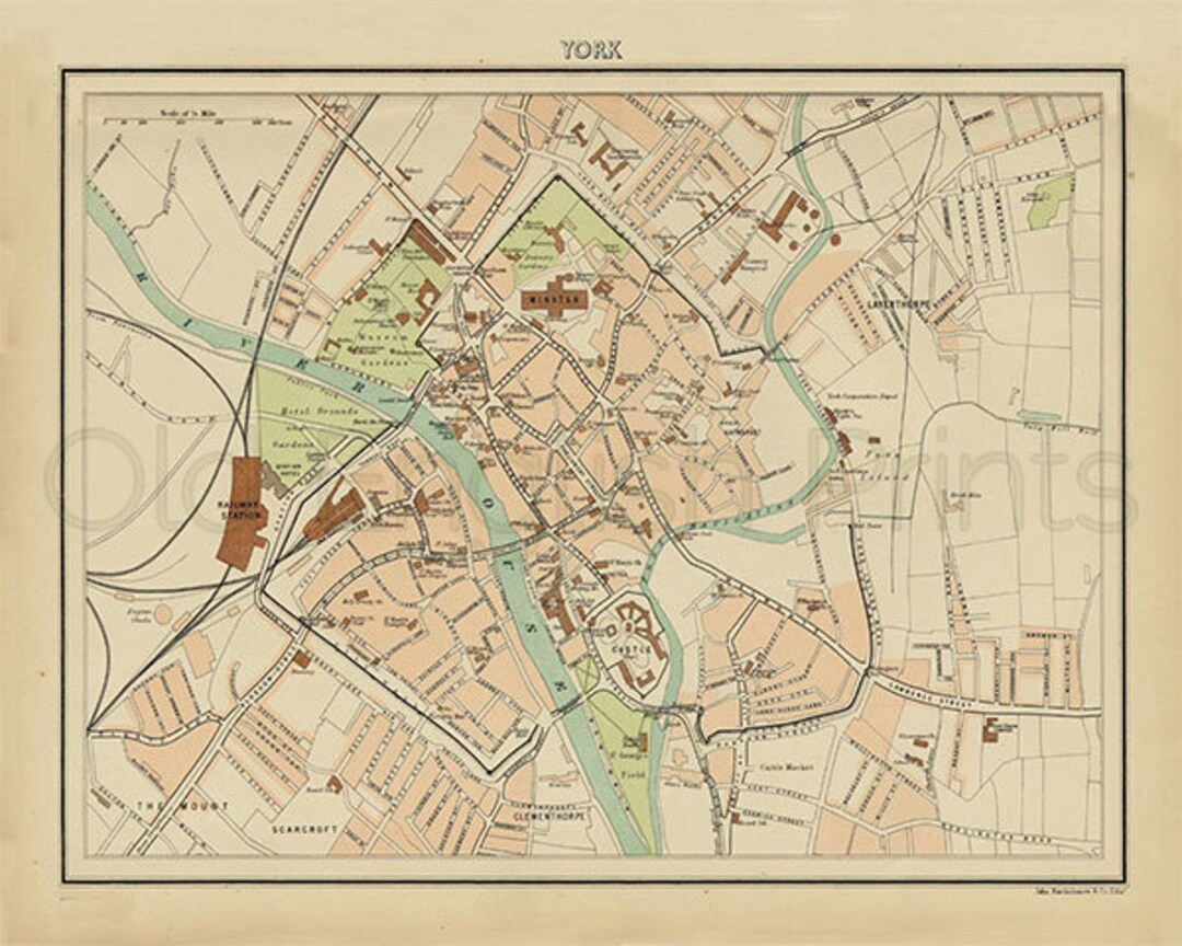 York 1895 Antique Map of the City of York Canvas Textured - Etsy