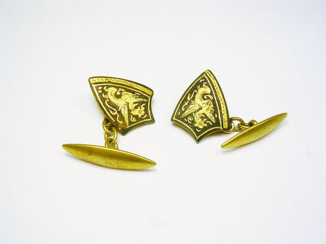 Vintage Cufflinks Amita Style Gold Plate Cuff Links Black Enamel Dragon ...
