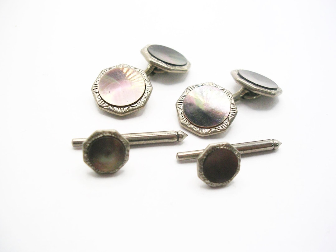 Art Deco Double Sided Cuff Links Collar Button Set Octagonal Mother of ...