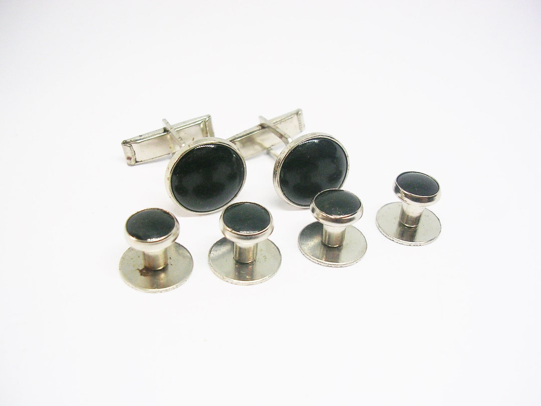 Cuff Links Tuxedo Studs Set Vintage Suit Accessory Silver Tone Round ...