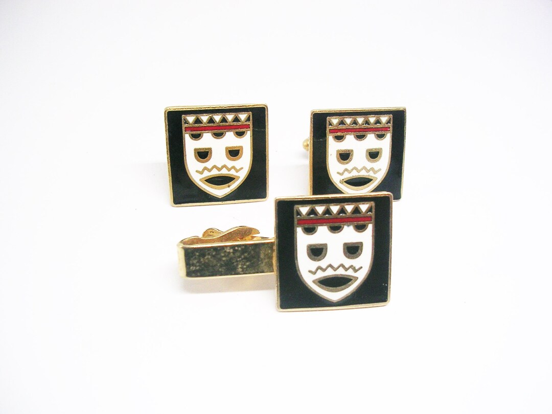 Swank Cuff Links Tie Clip Set Tribal Mask Primitive Vintage Mid Century ...