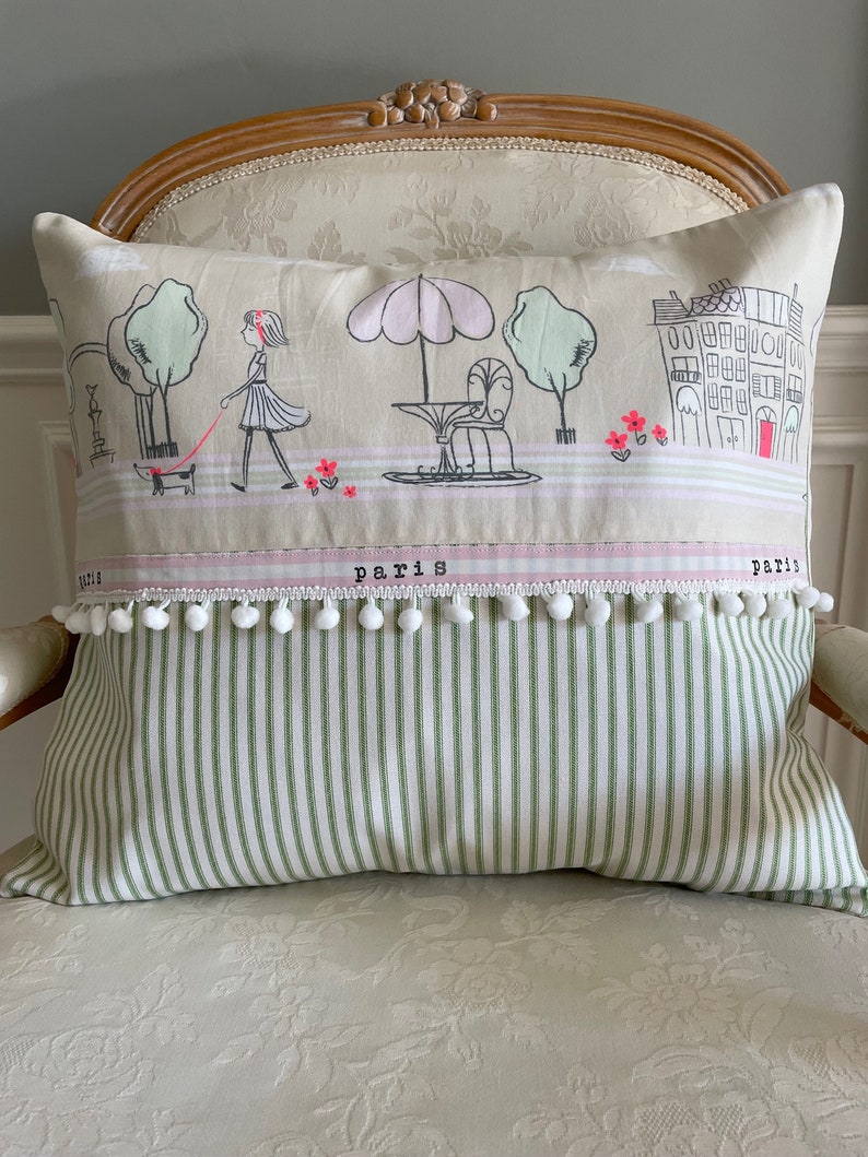 French Country Pillow Cover, Paris Inspired Pillow, Green Apple Ticking ...