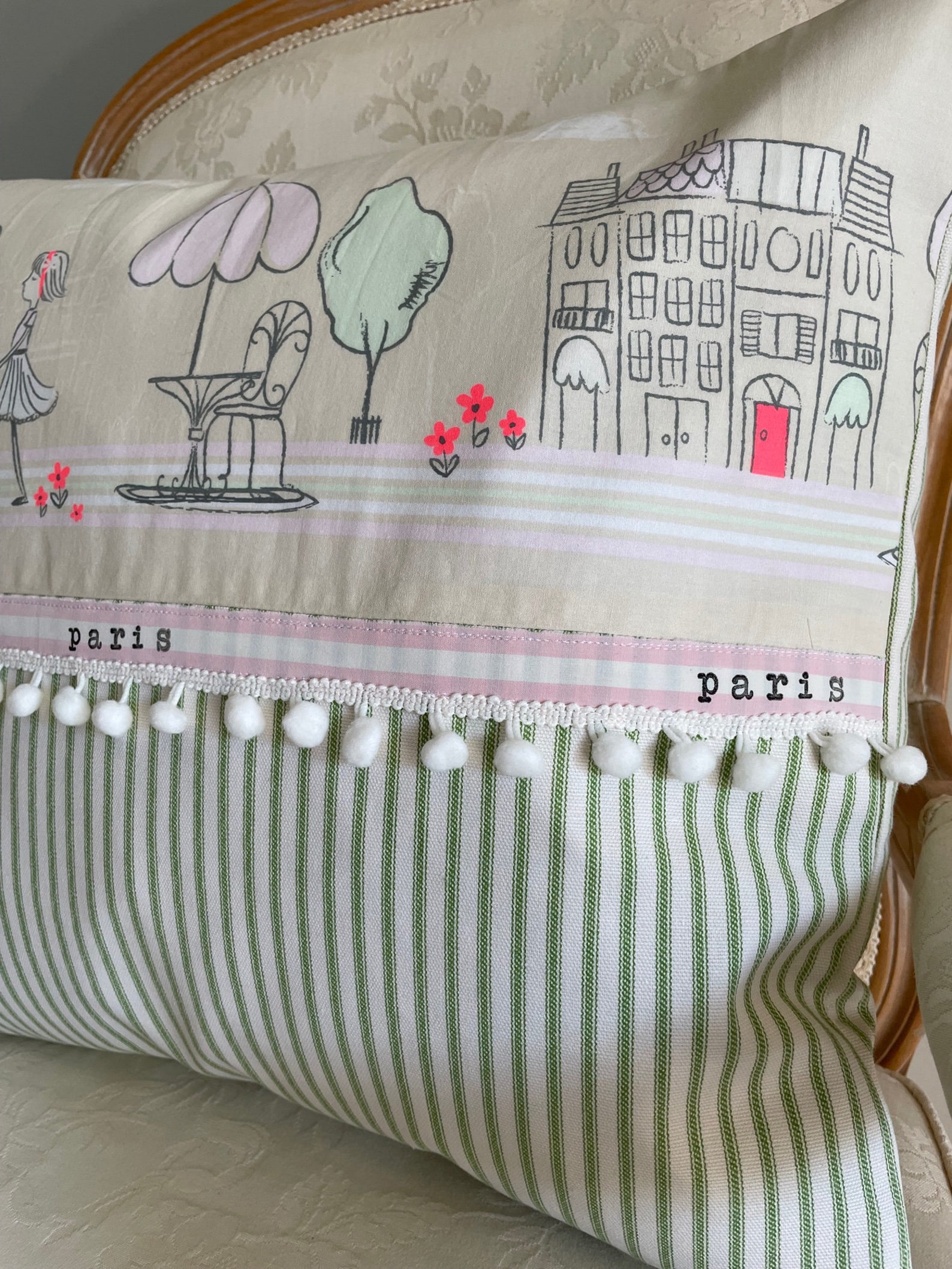 French Country Pillow Cover, Paris Inspired Pillow, Green Apple Ticking ...