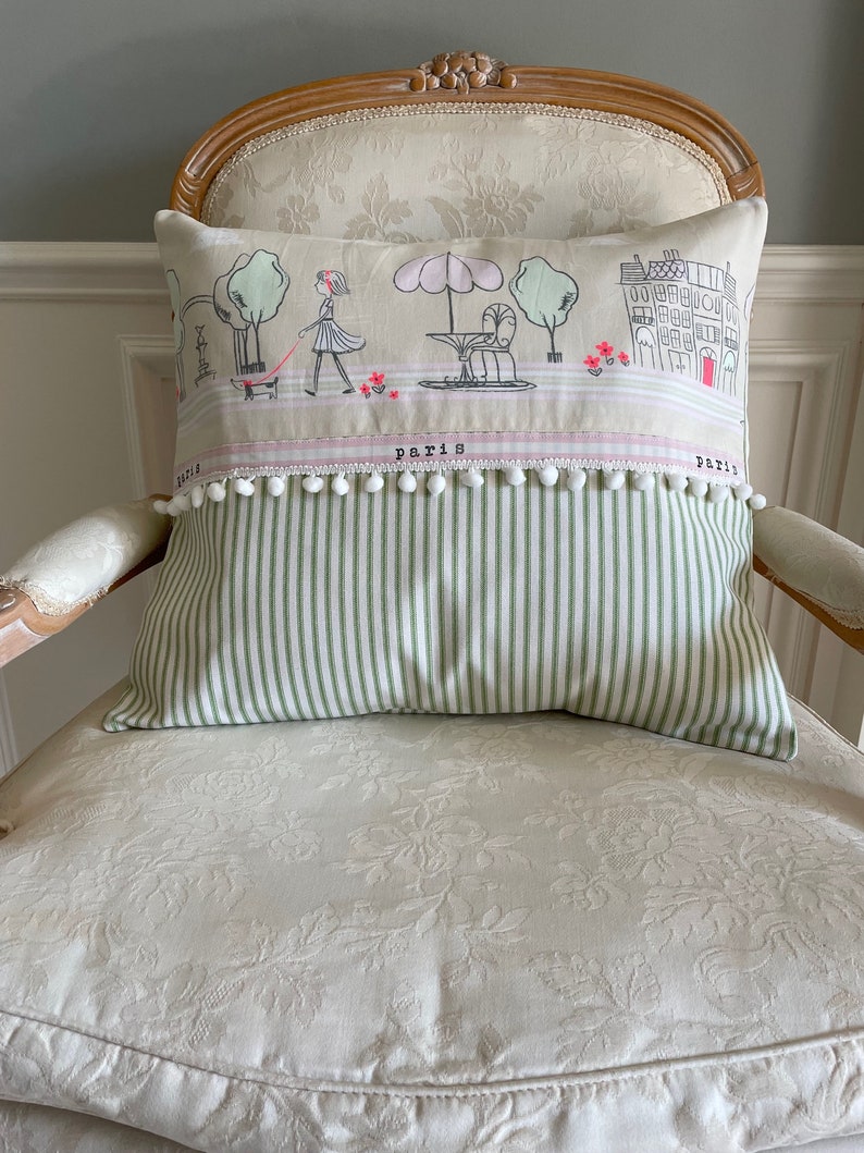 French Country Pillow Cover, Paris Inspired Pillow, Green Apple Ticking ...