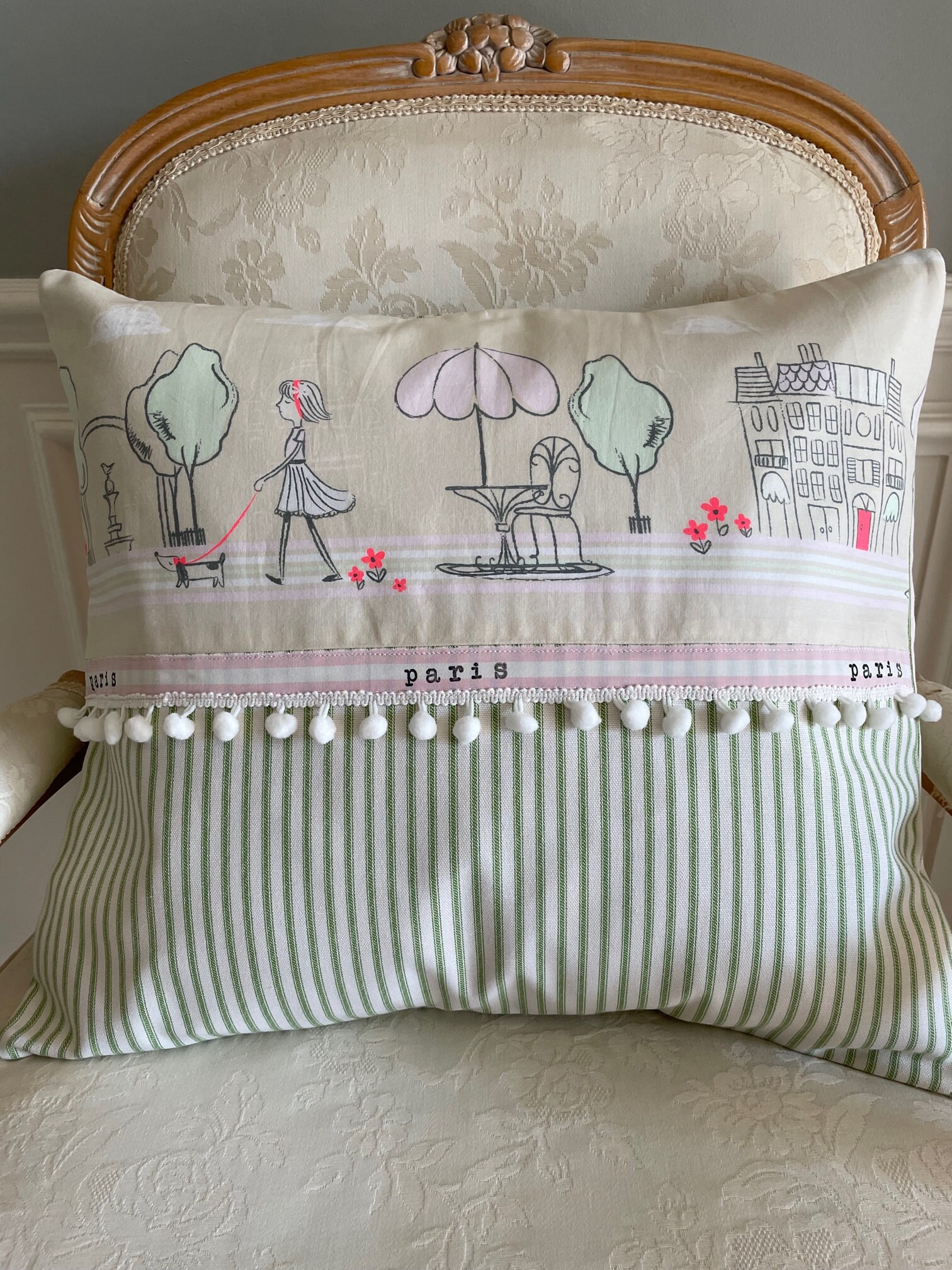 French Country Pillow Cover, Paris Inspired Pillow, Green Apple Ticking ...