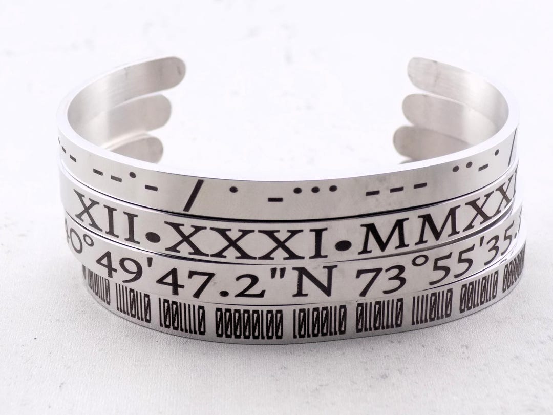Choose Your Cuff - Coordinate, Binary, Morse Code or Roman Numeral - Custom Stainless Steel ...