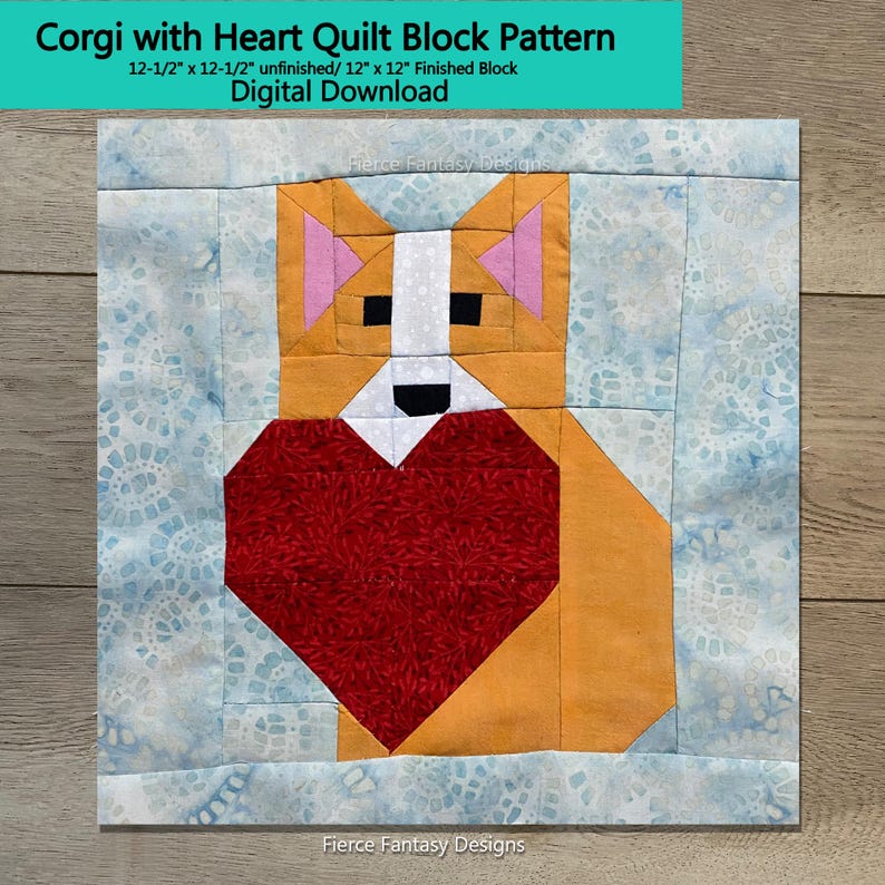 Corgi With Heart, Valentine's Day, Love, Heart, Quilt Block, 12 ...