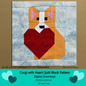 Corgi With Heart, Valentine's Day, Love, Heart, Quilt Block, 12 ...
