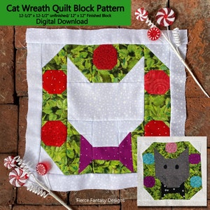 Christmas Cat Wreath Quilt Block, 12", PDF Instructions, Digital ...