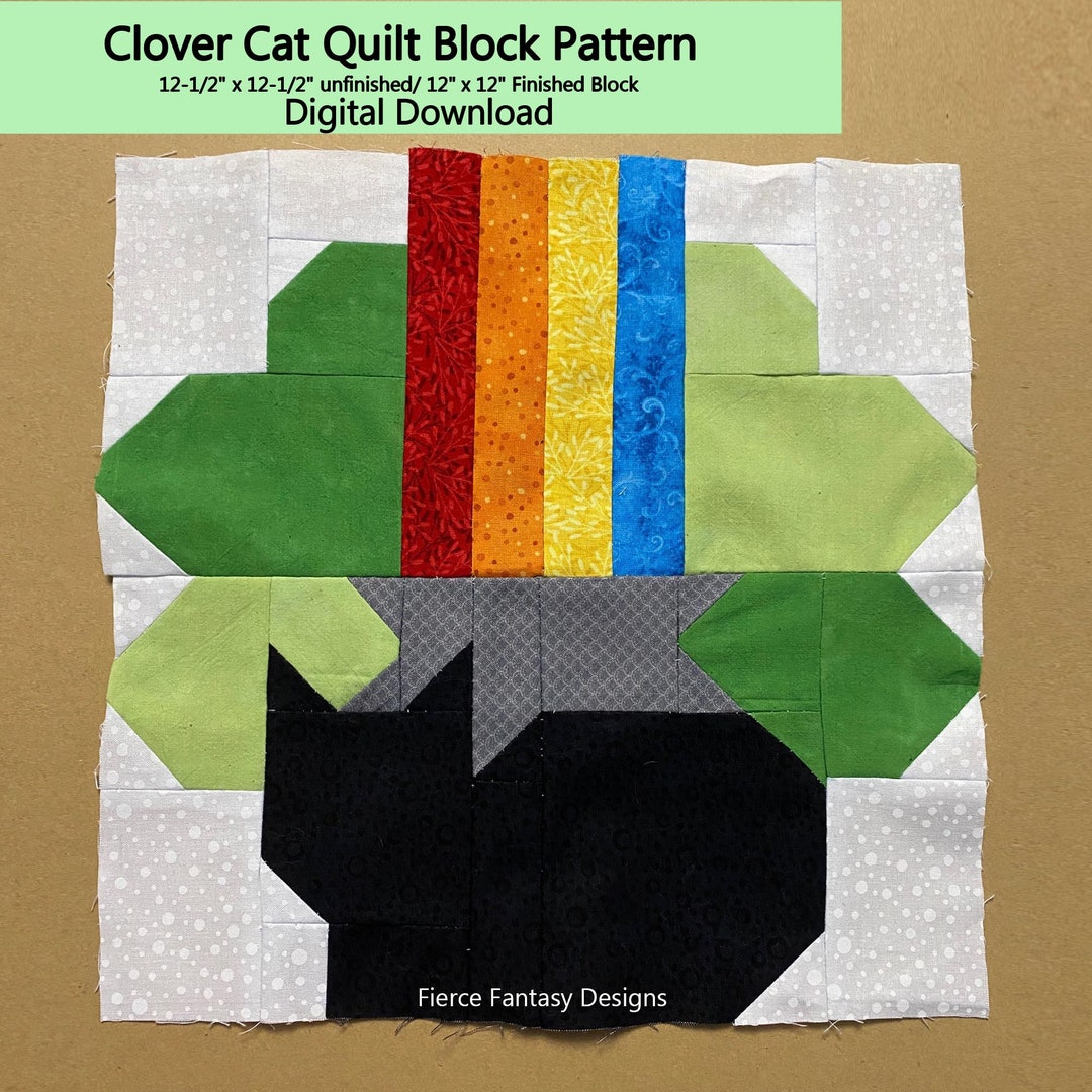 Clover Cat, St. Patrick's Day, Rainbow, Pot of Gold, Quilt Block, 12 ...