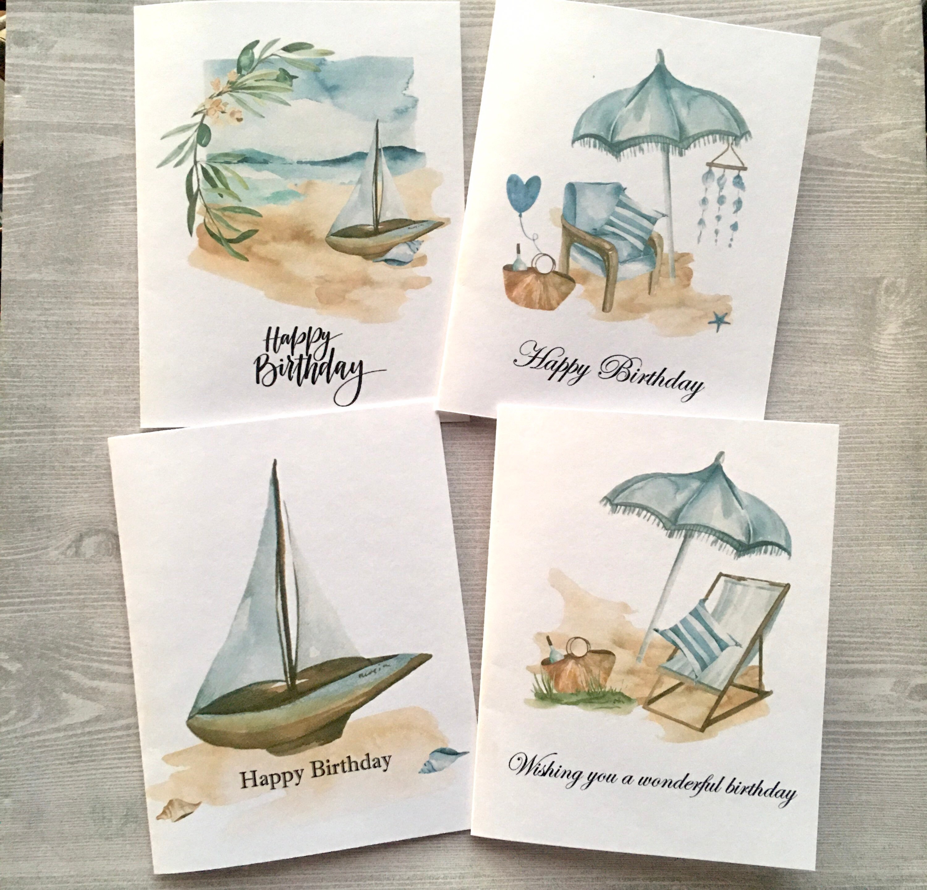 4ct Beach Birthday Card Set Watercolor Birthday Card Set | Etsy