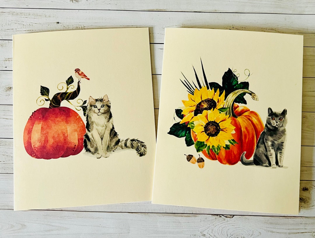 Fall Card Set With Cats, Happy Fall Card, Thanksgiving Card With Cat ...