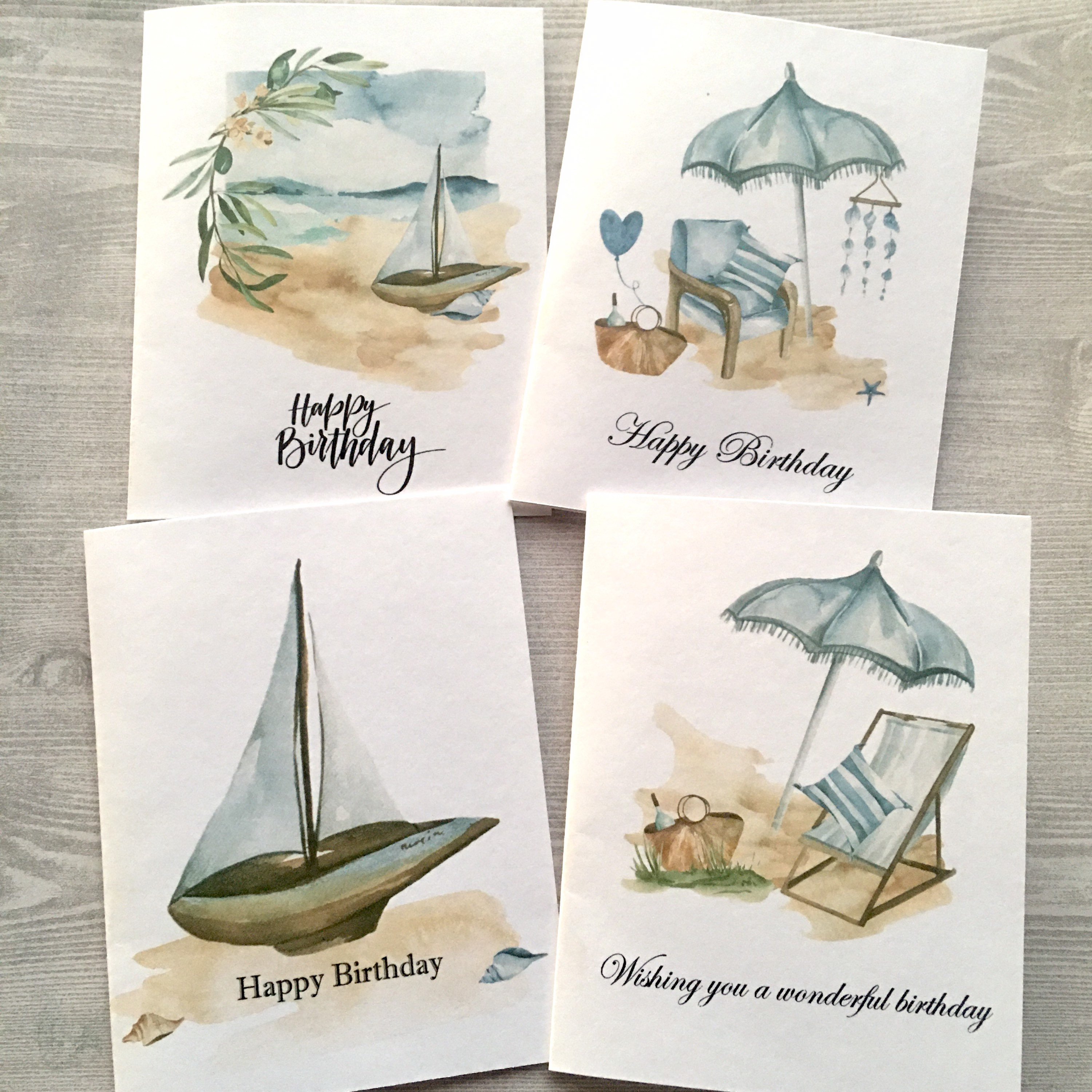 4ct Beach Birthday Card Set Watercolor Birthday Card Set | Etsy