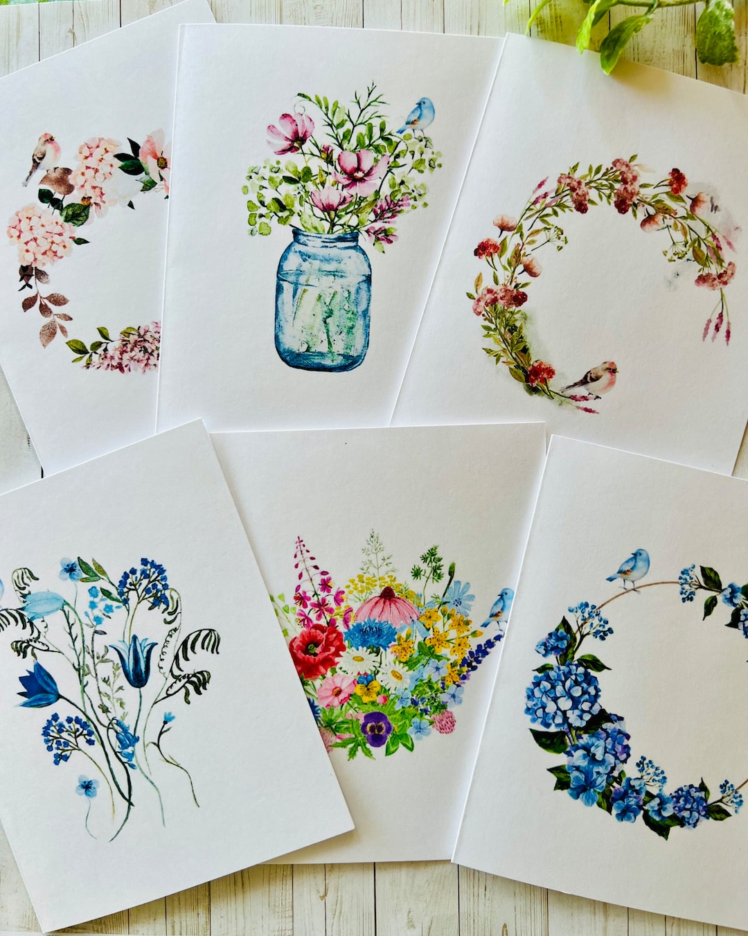 Watercolor Flowers With Bird, Set2, Note Card Assortment, Floral Card ...