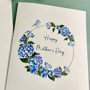 Watercolor Mother’s Day Cards, Blue Hydrangeas Flowers With Bird Mother ...