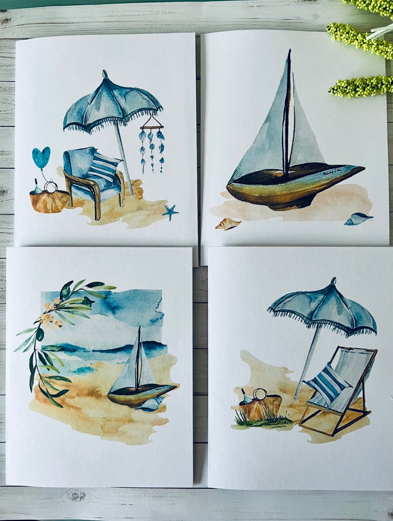 8ct Beach Theme Card Set Watercolor Beach Cards Blank Cards - Etsy