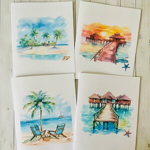 Tropical Card Set, Watercolor Beach Cards, Blank Cards, Beach Note ...