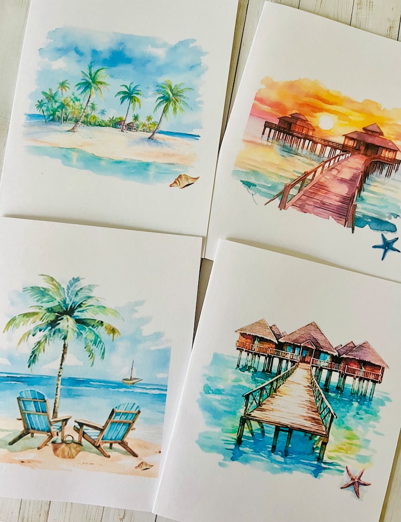 Tropical Card Set, Watercolor Beach Cards, Blank Cards, Beach Note ...