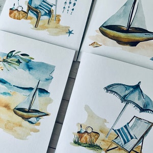 8ct Beach Theme Card Set, Watercolor Beach Cards, Blank Cards, Beach ...