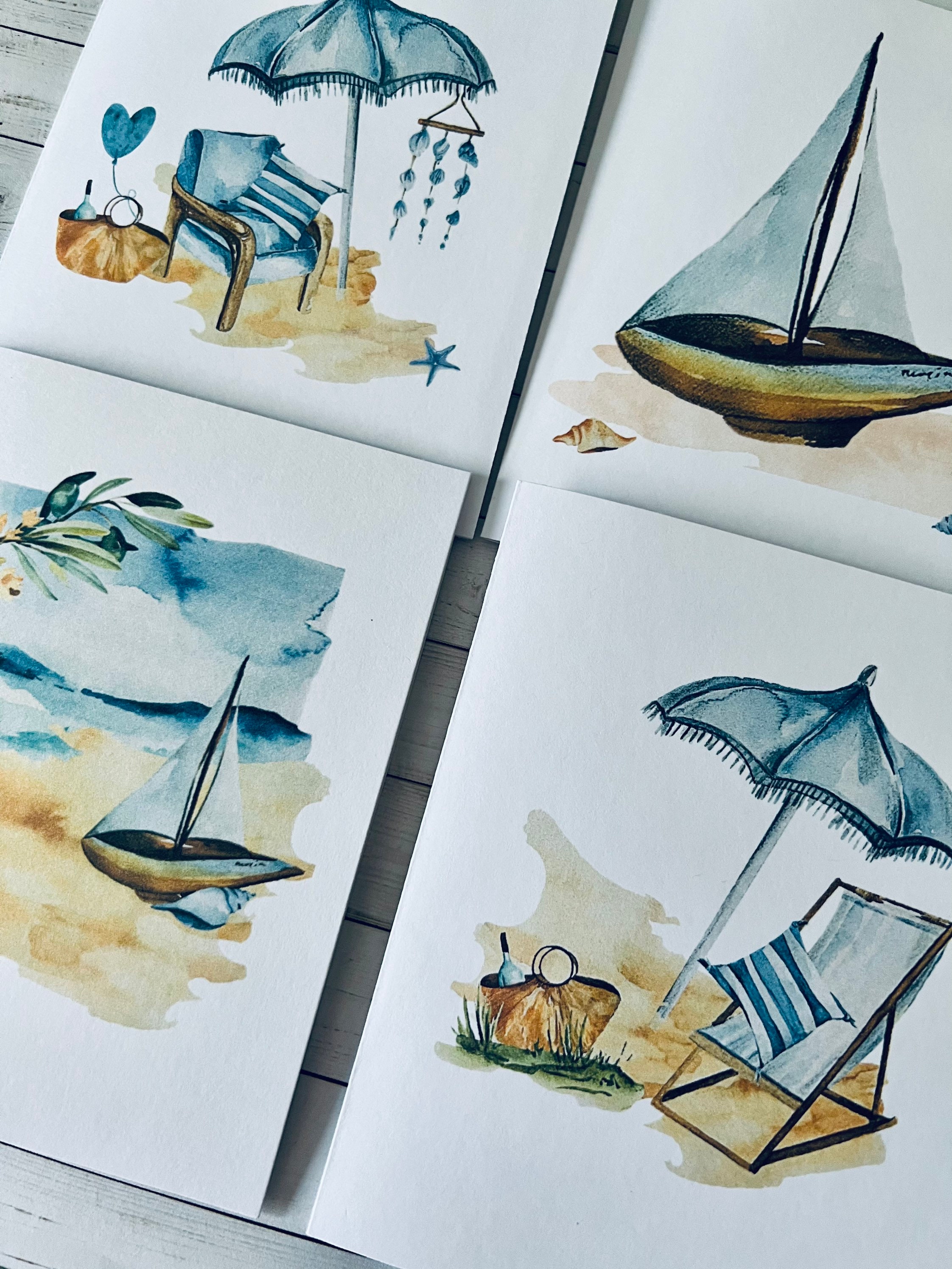 8ct Beach Theme Card Set, Watercolor Beach Cards, Blank Cards, Beach ...
