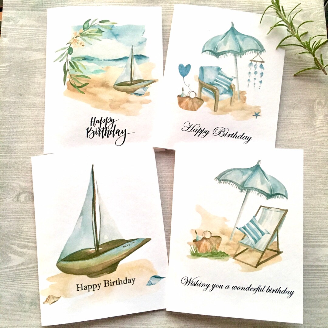 4ct Beach Birthday Card Set, Watercolor Birthday Card Set, Birthday ...