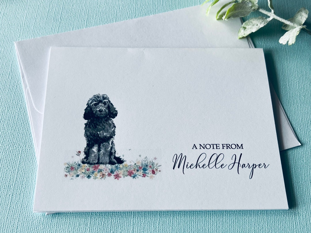 8ct Cockapoo Personalized Stationery Set, Folded Note Cards, Black Cockapoo Blank Cards ...
