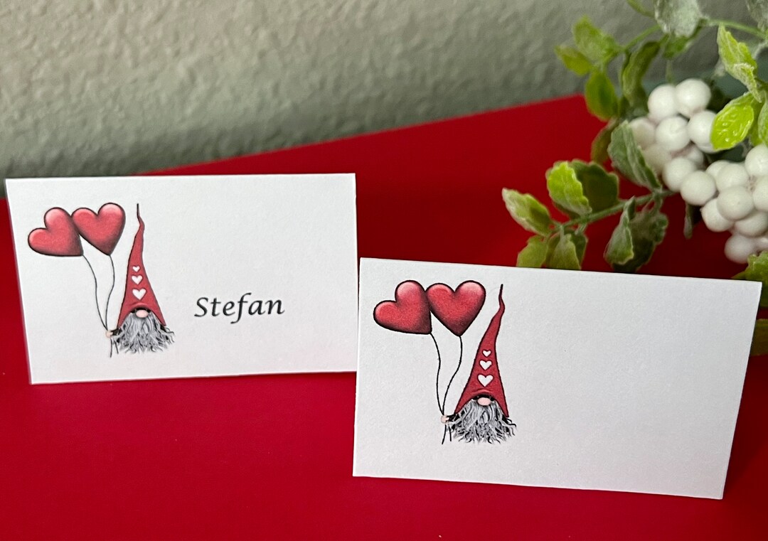 Valentine Gnome Place Cards, PRINTED Personalized SET of 12, Watercolor ...