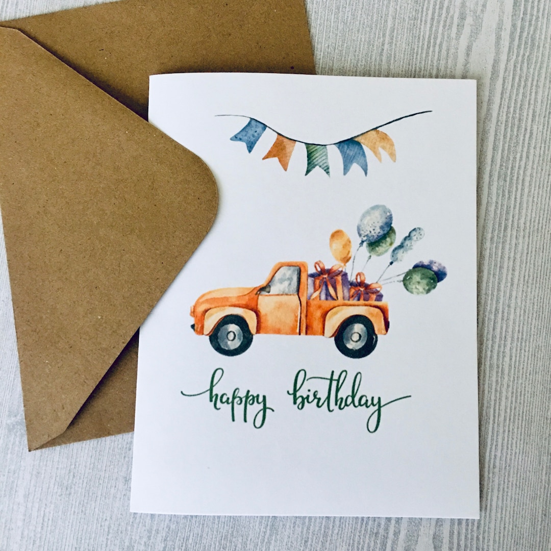 Birthday Truck Card, Personalized Birthday Card, Watercolor Cards ...
